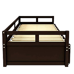 RUNWON Twin to King Extendable Daybed with Trundle,Wooden Platform Bed Furniture for Bedroom