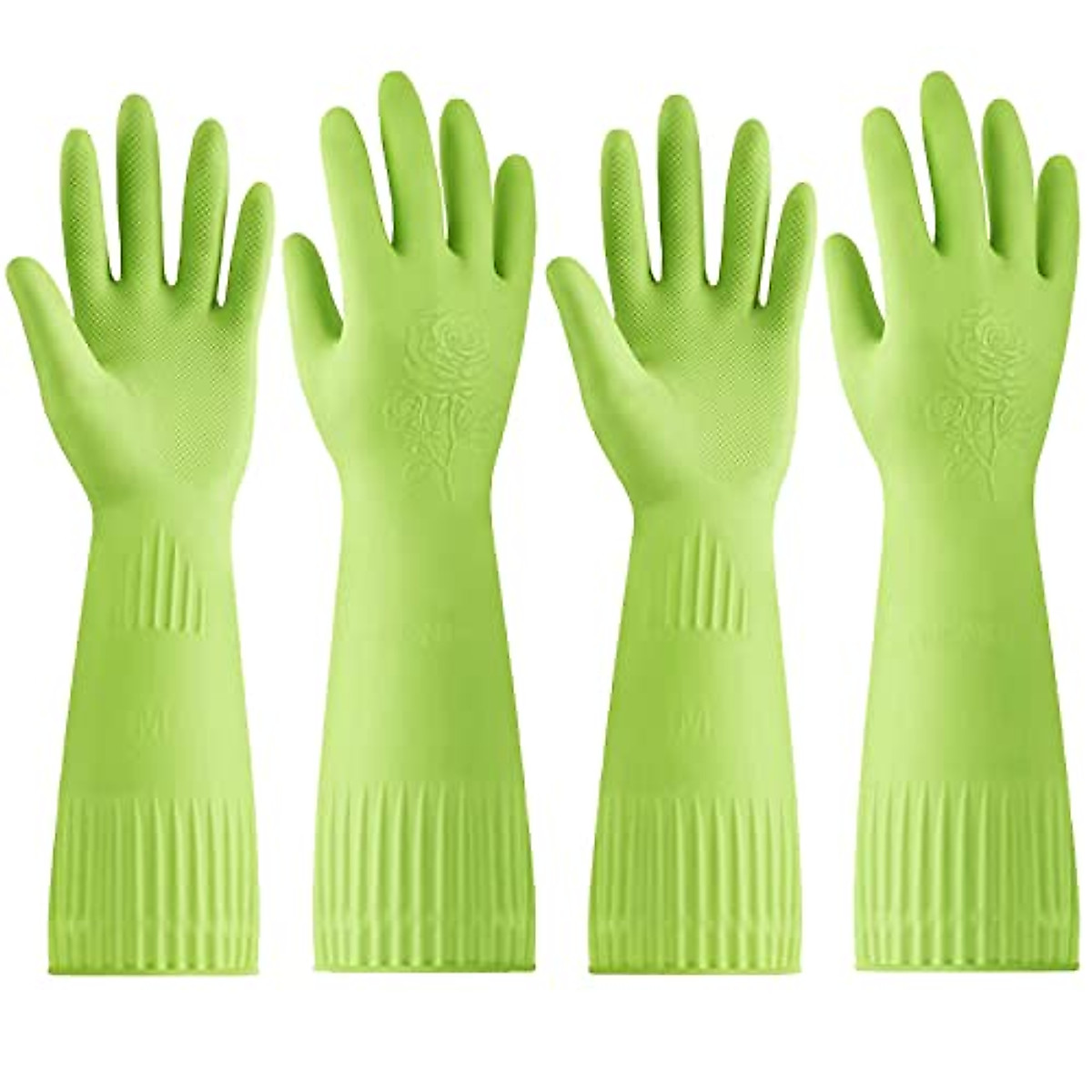 Disfore Rubber-Gloves Dishwashing Gloves for Cleaning-Kitchen - 2 Pairs of Durable and Reusable Kitchen Gloves，Long Sleeve Waterproof Household Cleaning Gloves for Washing Dishes (Medium Green)