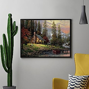 Stamped Cross Stitch Kits for Adults Beginners Forest Farm Farmhouse Boat Pattern 11CT Pre-Printed Fabric Embroidery Arts and Crafts Kit Needlepoint Starter DIY Wall Decor, 12 x 16 inch