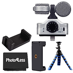 Zoom iQ7 Mid-Side Stereo Microphone for iPhone/iPad + Folding Smartphone Tripod Adapter + 12" Large Rubberized Spider Tripod + Photo4Less Cleaning Cloth – Top Value Bundle