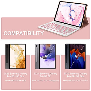 Keyboard Case for Samsung Galaxy Tab S7 FE/S8 Plus/S7 Plus 12.4 Inch, 7-Color Backlit, Smart Magnetic Detachable Wireless Bluetooth Keyboard, Slim Protective Cover with S Pen Holder, Auto Sleep/Wake