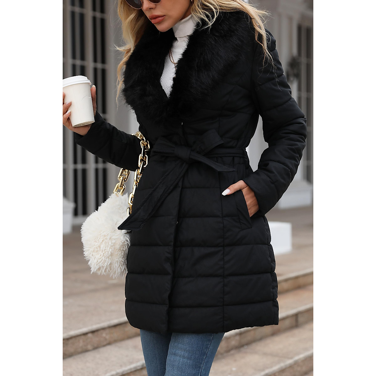 Bellivera Women's Winter Puffer Jacket Cold-resistant patchwork plush lining Coat with Removable Fur Collar Hooded and Belted 5527 BLACK M