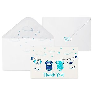 All Ewired Up 50 Boxed Set Clothesline Onesie Boy Thank You Cards for Baby Shower with Designed Envelope and Matching Seals