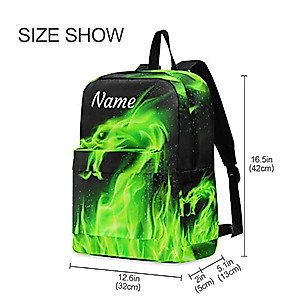 Custom Green Fire Dragon Backpack, Personalized Name Travel Rucksack Lightweight School Bookbag Daypack for Adults Teen Students Boys Girls