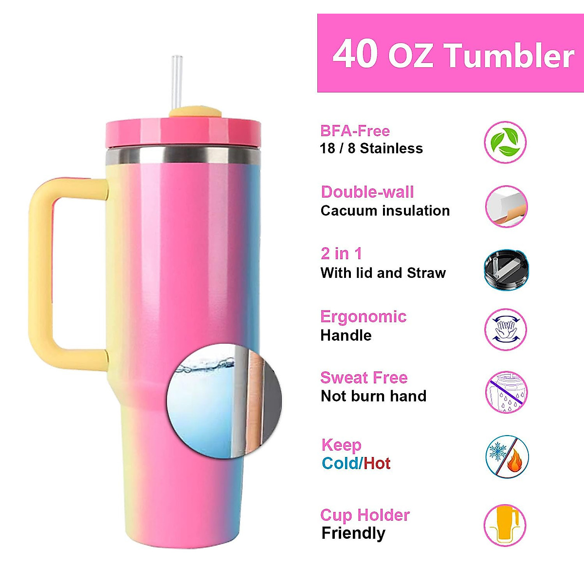AFINSEA 40oz Tumbler with Handle,Insulated Tumbler with Lid and Straw,Double Wall Vacuum Stainless Steel Travel Mug Iced Coffee Car Cup for Hot and Cold Beverage(Fairyland Pink)