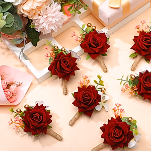 Sherr 20 Pcs Rose Wrist Corsage and Boutonnier Set Flower Wrist Corsage Wristlet Band Bracelet Wedding Bridegroom Men's Boutonniere Wristlet Hand Flower for Wedding Bouquets Supplies (Red)