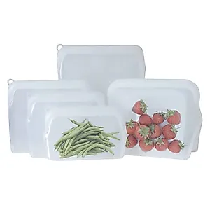 Silicone Reusable Storage Bag, Bundle 5-Pack Large (clear) | Food Meal Prep Storage Container | Lunch, Travel, Makeup, Gym Bag | Freezer, Oven, Microwave, Dishwasher Safe, Leakproof