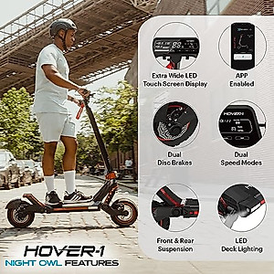 Hover-1 Night Owl Electric Folding Scooter, 31 MPH Top Speed, 37 Mile Range, 1400 Watts Max Power, 10.5” Offroad Tires, Dual Disc Brakes, and Front and Rear Suspension