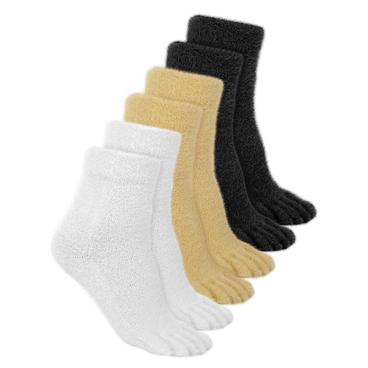 3 Pairs Women Toe Socks Fuzzy Toe Socks Warm Winter Toe Socks Five Toe Socks for Women Men, Size 5-8(Black, White, Beige)