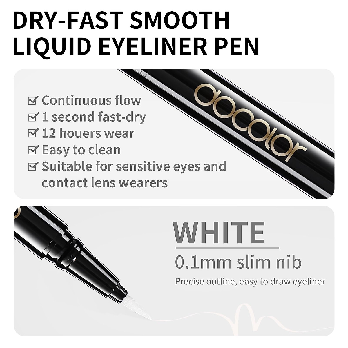 Docolor Waterproof Eyeliner Pen Longwearing with Ultra-Fine Tip Liquid Eye Liner (White)