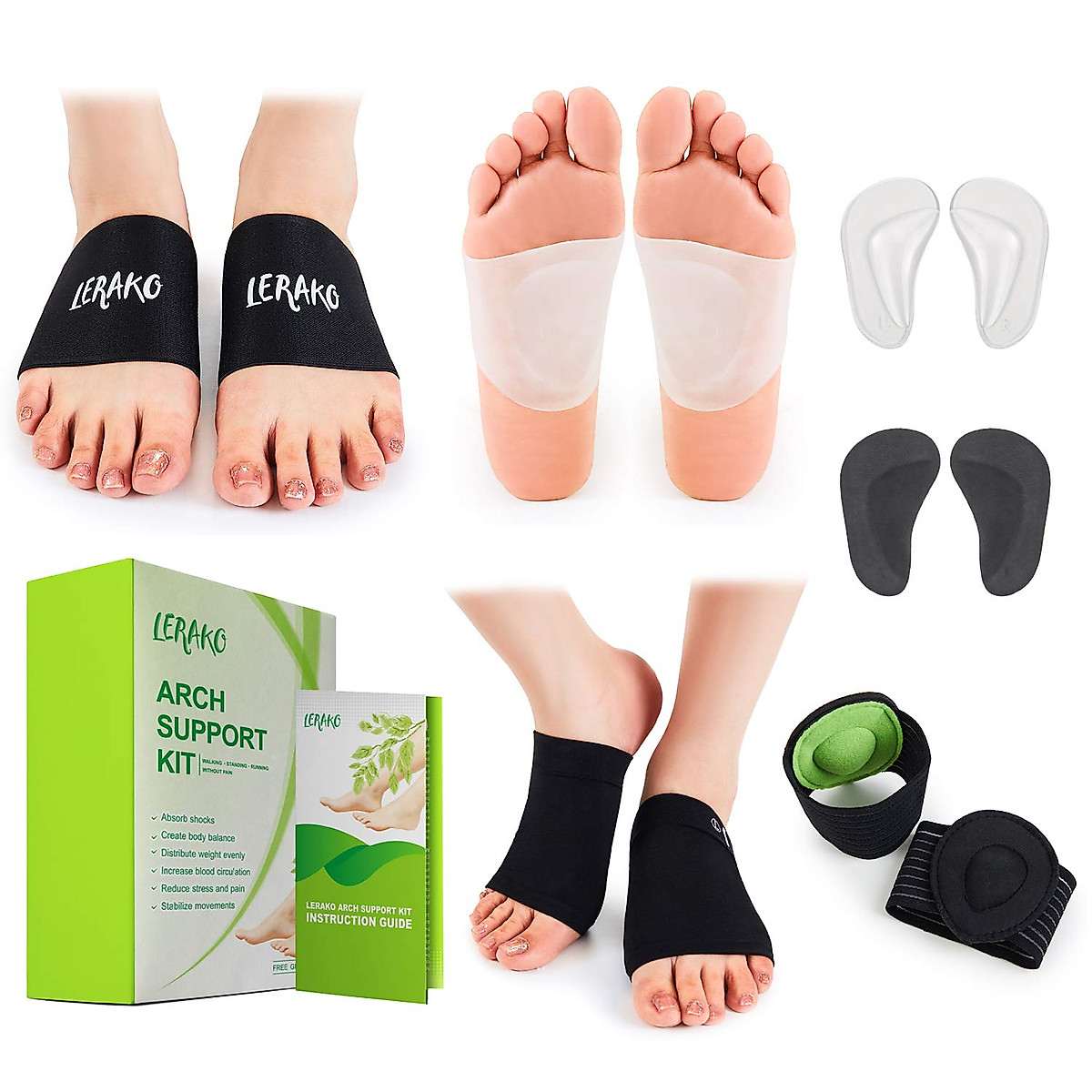 Plantar Fasciitis Arch Support Kit-12pcs-Compression Arch Sleeves, Arch Braces, Silicone & Cushioned Arch Supports & Free Insoles, Fast Pain Relief & All Day Comfort, Sizes for Men & Women (Medium)…