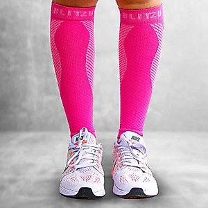 BLITZU Calf Compression Sleeves for Men and Women. Footless Compression Socks Support for Varicose Vein, Nursing, Running. Leg Sleeve Brace for Shin Splints, Pain Relief & Reduces Swelling Pink S-M