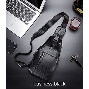 BULLCAPTAIN Genuine Leather Sling Chest Bag Multi-pockets Men Crossbody Bag Travel Casual Small Shoulder Backpack (Black)