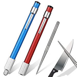 2 Pieces Diamond Retractable Knife Sharpener Steel Sharpening Rod for Kitchen Outdoor Serrated Stick Tools (Sky Blue, Red)