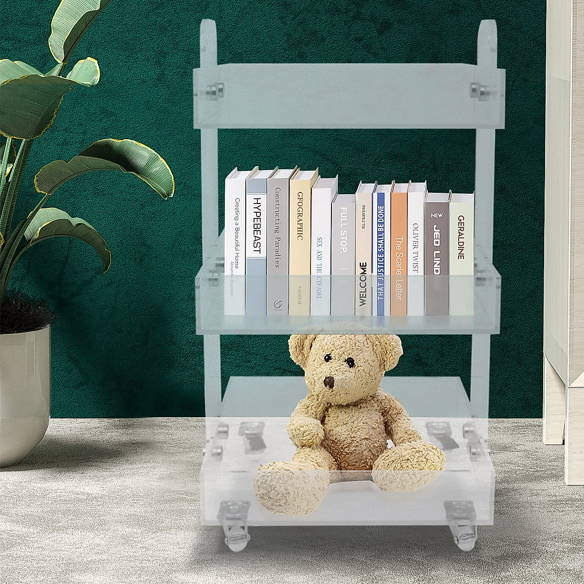 MuChaIOAK 3-Tier Acrylic Utility Rolling Cart On Wheels, Multifunction Storage Cart, Mobile Storage Organizer Shelving, Utility Carts Shelf Rack for Kitchen Bathroom Laundry Room Narrow Places, White