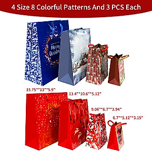 Novnsoi 24 PCS Gift Bags for Wrapping Holiday Gifts, Recyclable Festival Bags with Snowman, Reindeer, Christmas Bell/Tree, Snowflake, Gin Design - Bulk Set,6 X-L,6 Large,6 Medium,6 Small