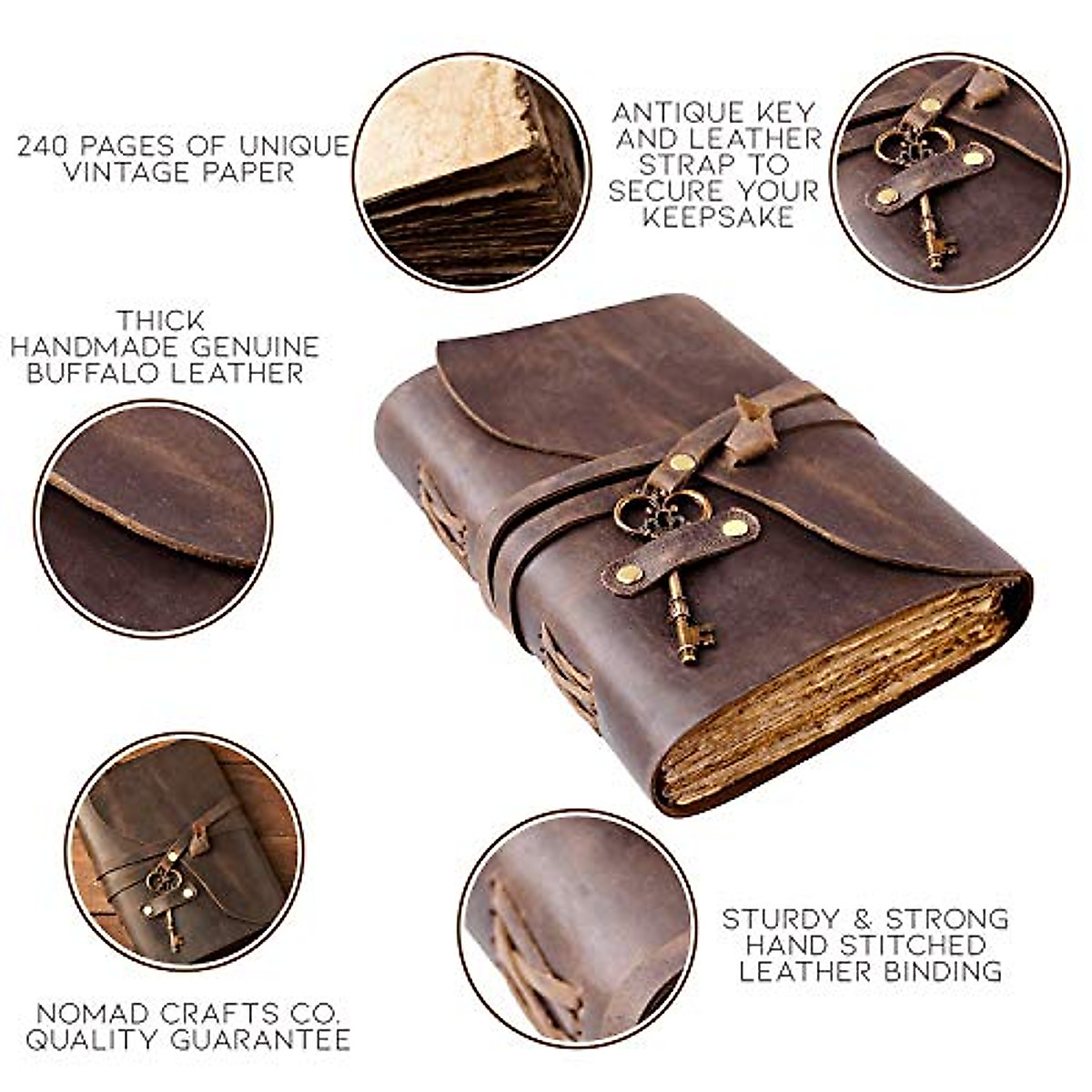 Vintage Leather Journal - Antique Handmade Deckle Edge Vintage Paper Leather Bound Journal - Book of Shadows Journal - Leather Sketchbook - Drawing Journal - Great Gift (Vintage Brown, 7.5"x5.5")