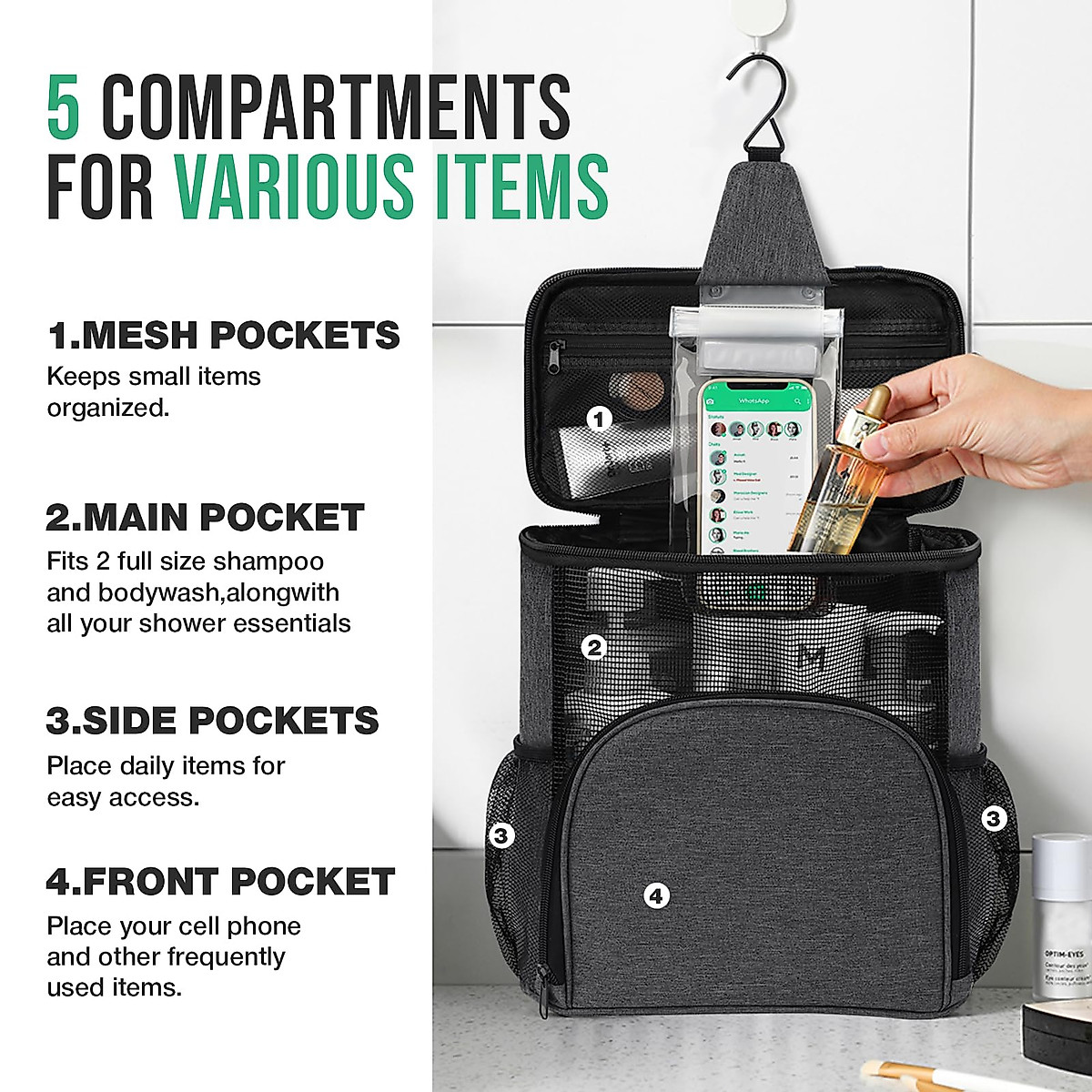 BINSUNS Portable Shower Caddy, Hanging Toiletry Bag with Phone Pocket, Travel Shower Caddy Organizer College Essentials - College, Dorms, Gym, Camp, Bath(Cow)