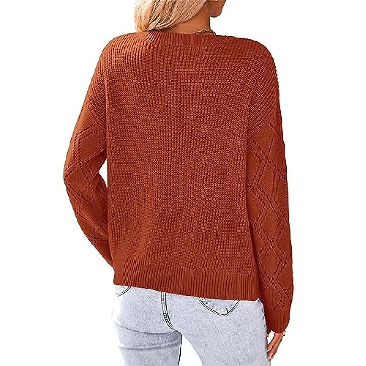 KIRUNDO Women’s 2023 Fall Casual Crochet Long Sleeve Lace V Neck Ribbed Knit Pullover Sweater Tops Rust Red