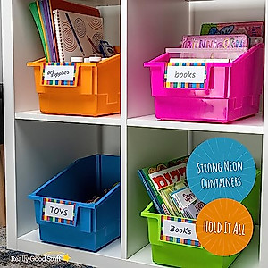 Really Good Stuff Chapter Book Library Bins with Dividers, 8¾" x 13½" x 7¾" - 4 Pack, Neon | Plastic Shelf Bin Organizer for Classroom Library, Book Organization, Documents, Files, Magazines