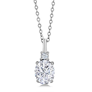 Gem Stone King 925 Sterling Silver White Moissanite and White Created Sapphire Pendant Necklace For Women (3.10 Cttw, Gemstone Birthstone, Oval 9X7MM, with 18 Inch Silver Chain)