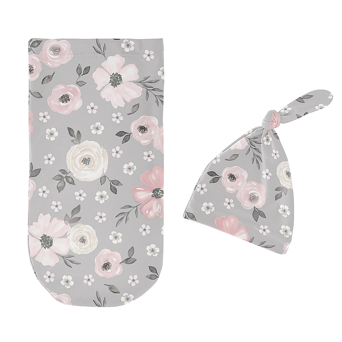 Sweet Jojo Designs Grey Watercolor Floral Baby Girl Cocoon Beanie Hat Set Jersey Stretch Knit Sleeping Bag Infant Newborn Nursery Sleep Wrap Sack - Blush Pink Gray Shabby Chic Rose Flower Farmhouse