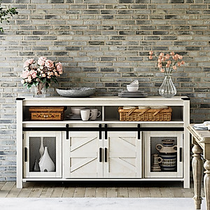 WAMPAT Farmhouse Buffet Cabinet, Rustic Sideboard with Sliding Barn Doors, 59" Coffee Bar Storage Cabinet with Mesh Doors, Antique White Cupboard Table for Kitchen, Dining Room, Living Room