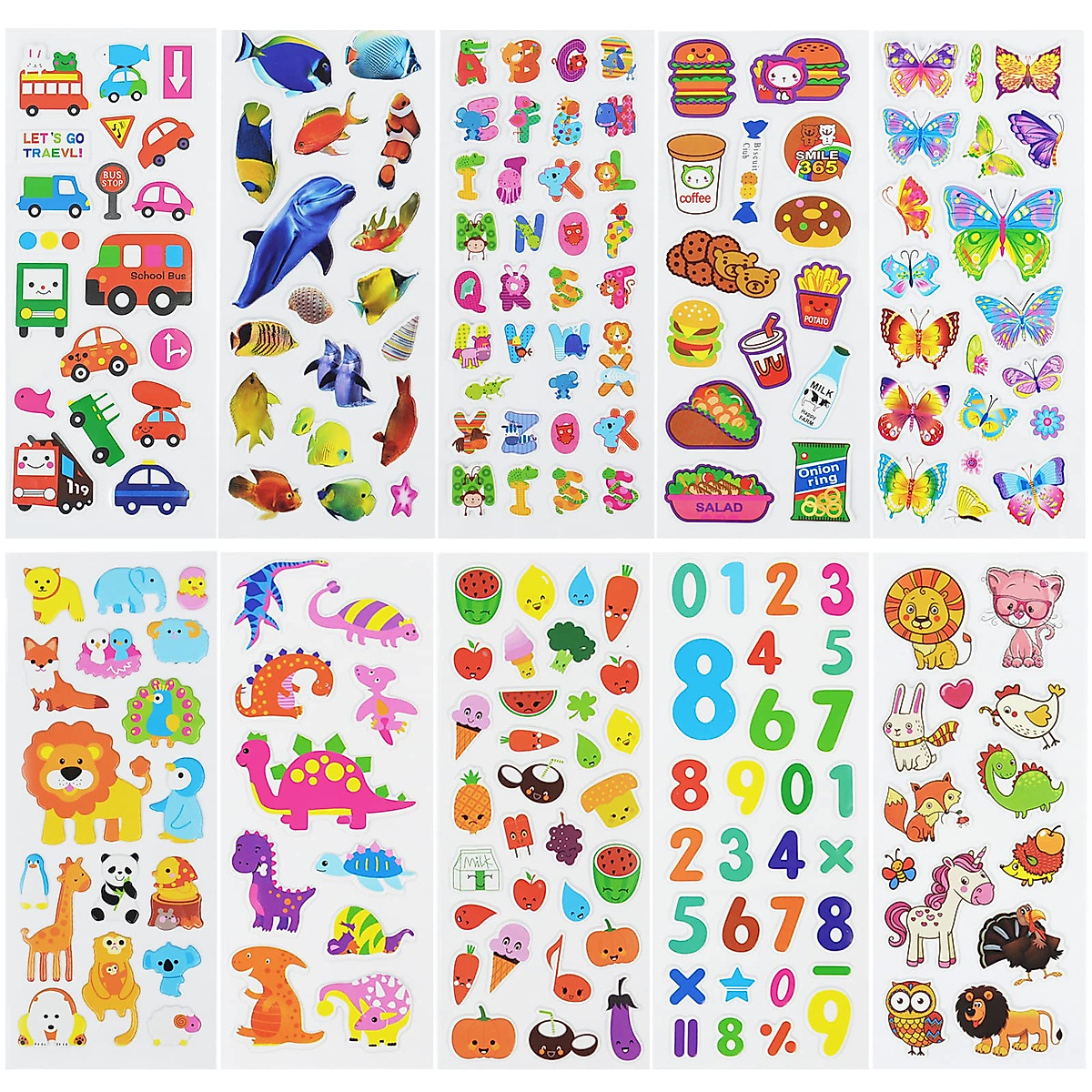 24 Sheets(500+) 3D Puffy Stickers for Toddlers Kids, Bulk Preschool Sticker Sheets for Reward, Craft, Scrapbooking Including Animal, Fruits, Dinosaurs, Fish and More