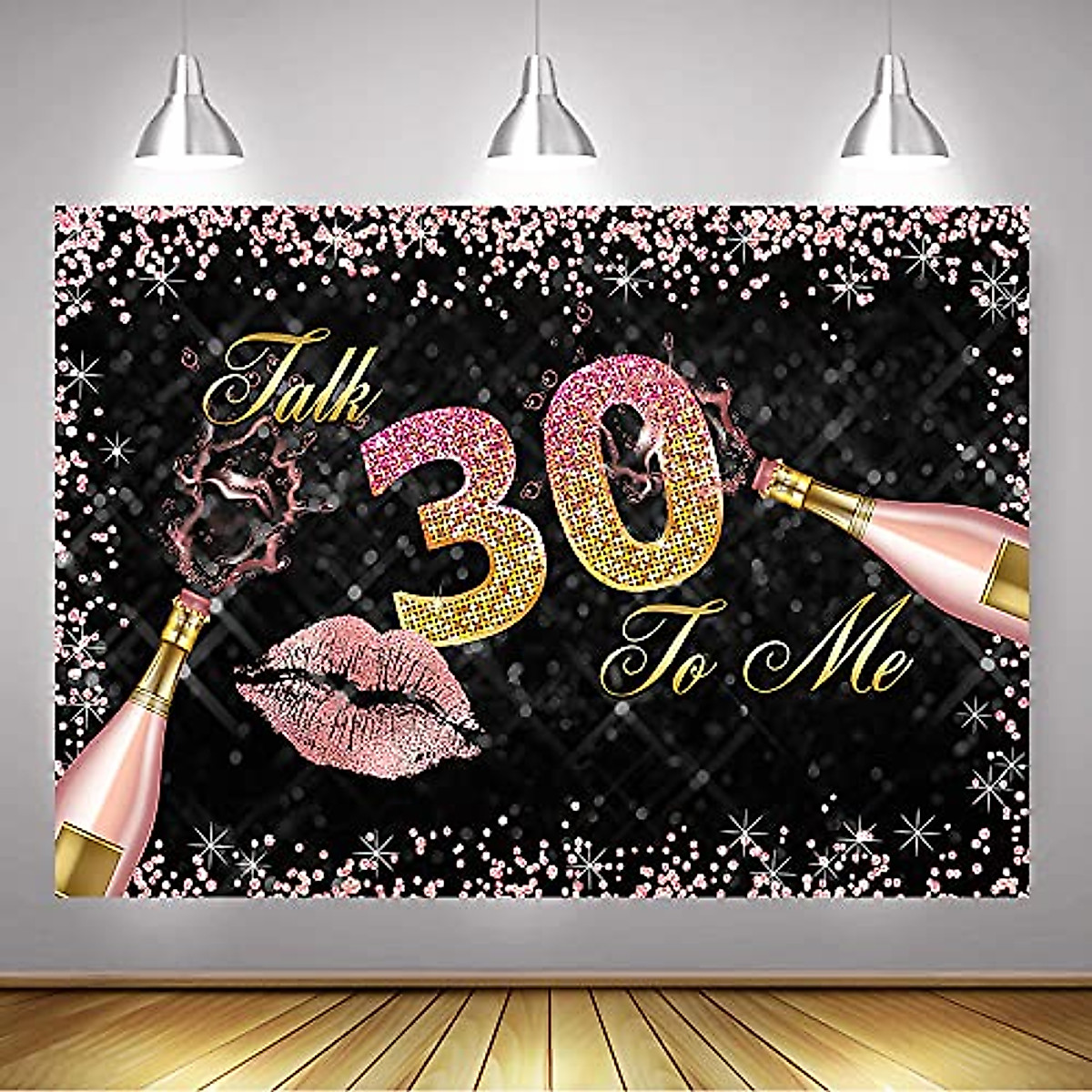 Mocsicka Talk Thirty to Me Birthday Backdrop for Her Rose Gold Happy 30th Birthday Party Decoration for Women Glitter Lips Rose Gold and Black Photography Background (7x5ft (82x60 inch))
