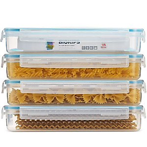 Komax Biokips Pasta Storage Containers Set of 4 – BPA-Free Rectangular Plastic Containers with Lids – Microwave & Dishwasher Safe Airtight Containers – Noodle, Pasta, & Spaghetti Container (33 oz)