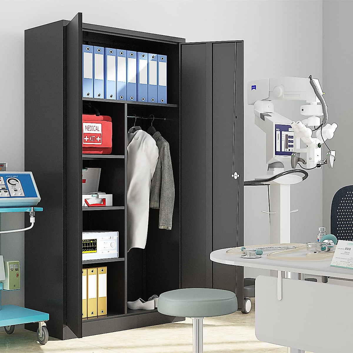 Yizosh Metal Armoire Wardrobe Closet Cabinet for Hanging Clothes with Lock Doors, -72" Steel Lockable Wardrobe Storage Locker Clothes Organizer for Bedroom, Laundry Room (Black)