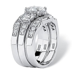 PalmBeach Sterling Silver Round Cubic Zirconia 3 Piece Scalloped Bridal Ring Set Sizes 6-10 Size 10