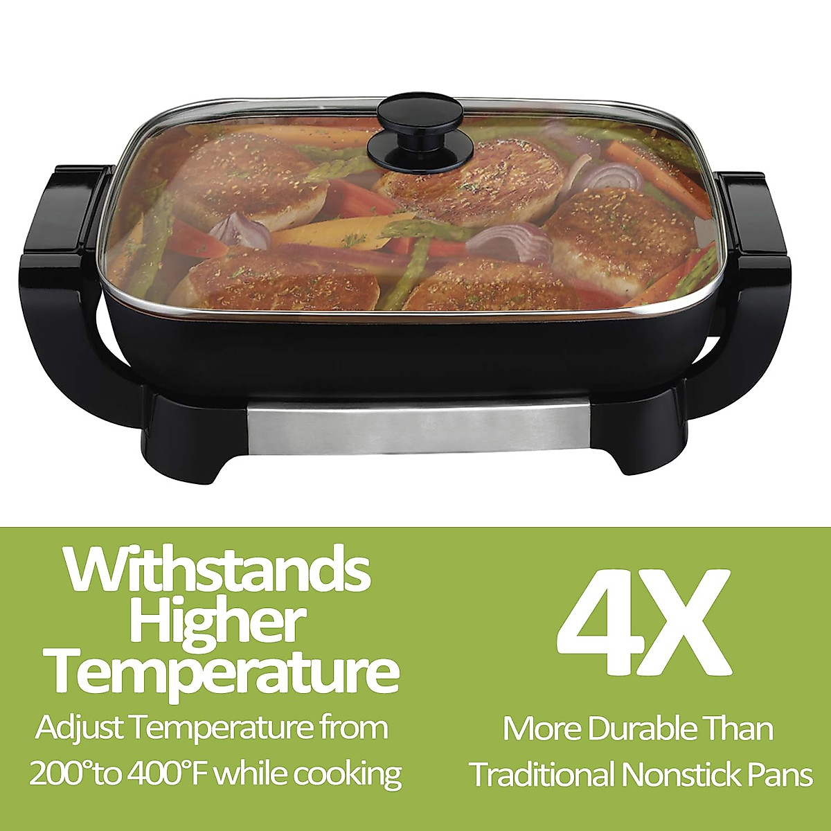 Extra-Large Nonstick Ceramic Electric Skillet - Electric Frying Pan with Lid, 12"x15" Fry Pan Adjustable Temperature Control, with Removable Pan, Dishwasher Safe