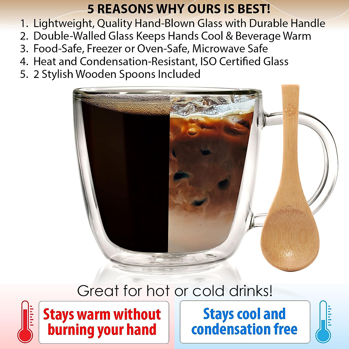 Mainstream Source® Glass Espresso Mugs – Insulated, Double Walled Mug and Espresso Shot Glass with 2 Durable Wooden Spoons, Holds 5.5oz of Espresso (Set of 2)