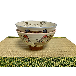Japanese Rice Bowl Set Ceramic Blue and Pink Cute Smiling Cats Design Set of 2 Bowls Blue and Pink