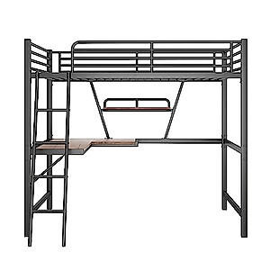Lifeand Full Size Loft Metal&MDF Bed with Desk and Shelf, Black