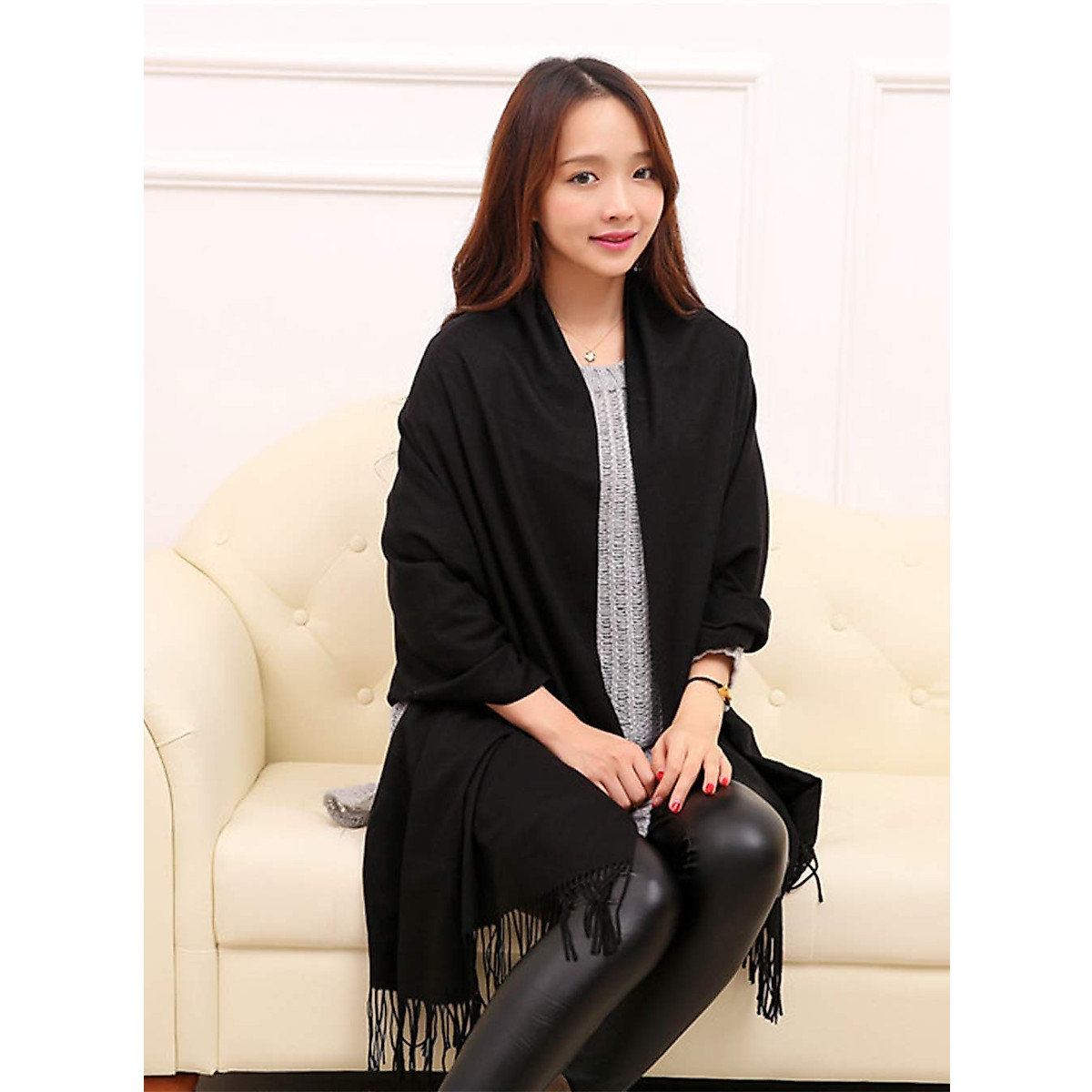 Anboor Super Soft Cashmere Blanket Scarf with Tassel Solid, Black, Size Large