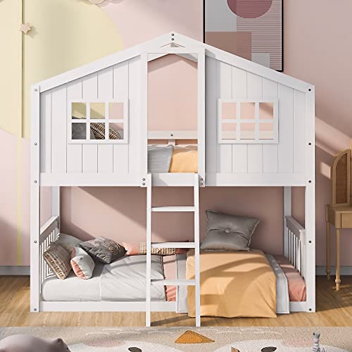 Yehha Twin Over Twin House Bunk Bed for Kids, Heavy Duty Wooden Bed w Roof and Windows, 75° Inclined Ladder, Guard Rails for Girls Boys Bedroom, White