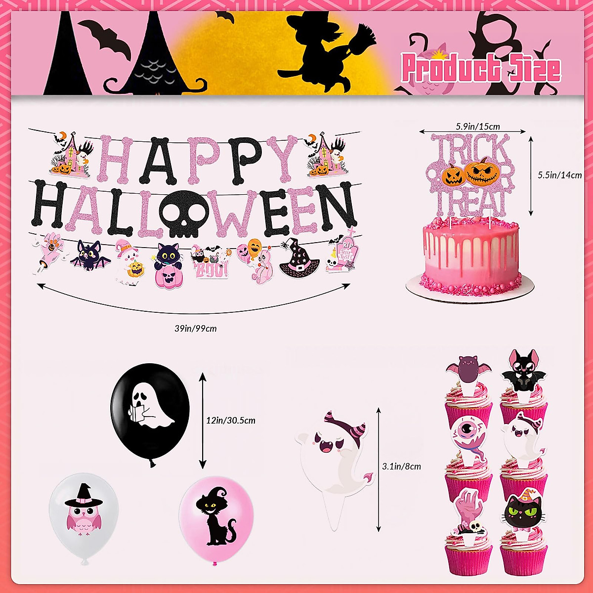 DPKOW Pink Halloween Party Decorations with Happy Halloween Banners, Cupcake Toppers and Balloons Pink and Black Halloween Decorations for Girls Kids Baby Shower Boo Day Birthday Party Supplies, 36Pcs