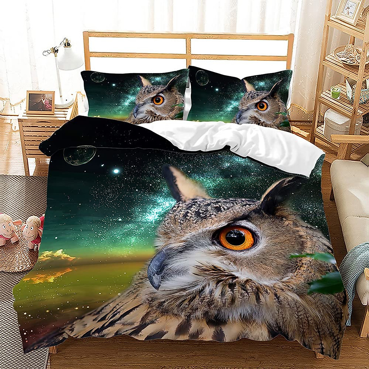 Boys Youth Green Galaxy Duvet Cover Set Twin for Kids Teens Owl Bedding Set 3D Safari Wildlife Comforter Cover Bird Animal Nighthawk Quilt Cover Decor Bed Cover