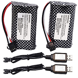 Blomiky 2 Pack 7.4V 1300mAh Li-ion Rechargeable Battery with SM3P Plug and Charger Cable Replacment for Huina 1575 RC Construction Truck / 1575 Battery 2