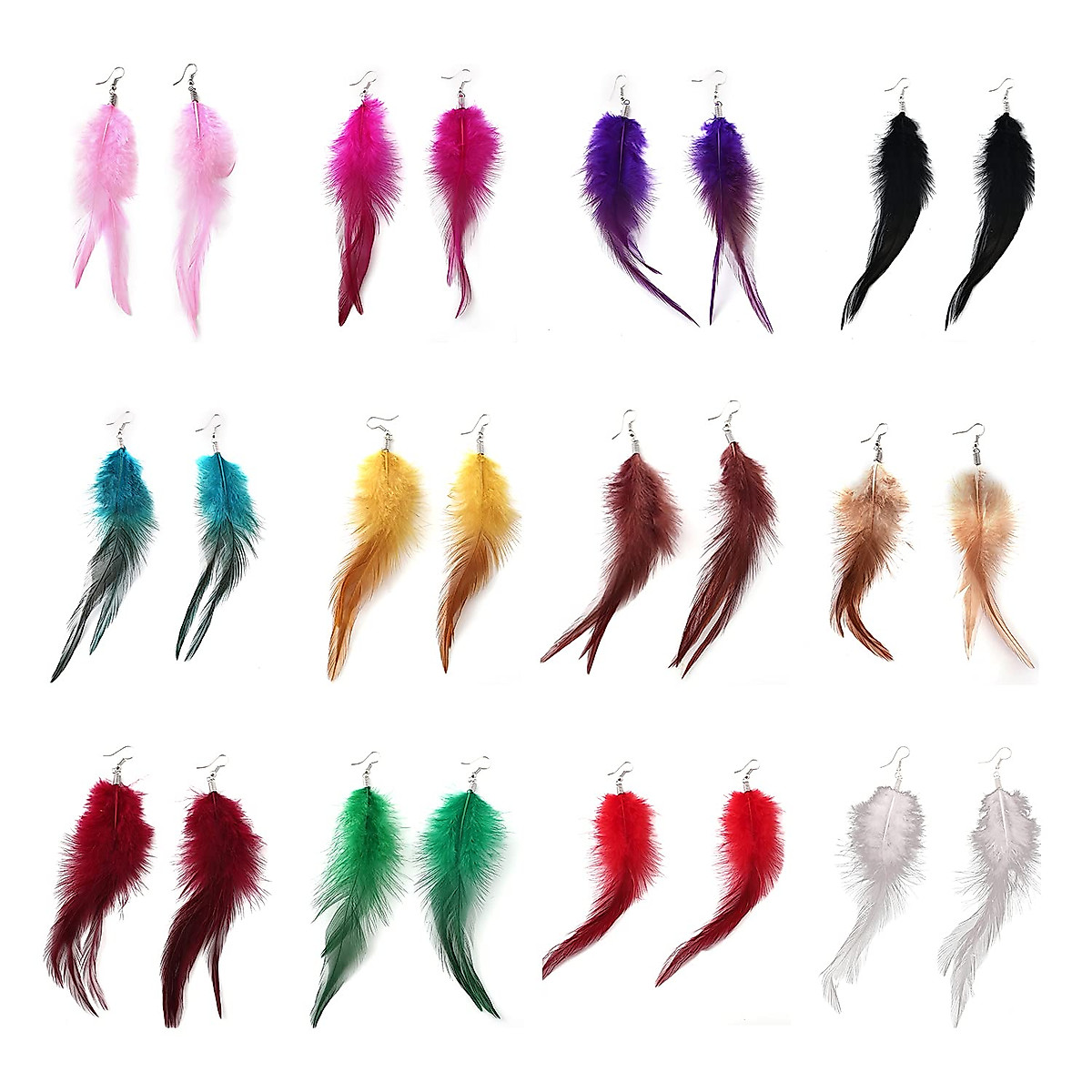 GOGNGTR 12 Color Bohemian Long Feather Earrings for Women Handmade Natural Jewelry Lightweight Statement Dangle (Color)
