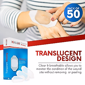 Transparent Film Dressing, 4" x 4 3/4" Box of 50 - Waterproof Wound Bandage Adhesive Patches, Post Surgical Shower or IV Shield, Tattoo Aftercare Bandage by Healqu