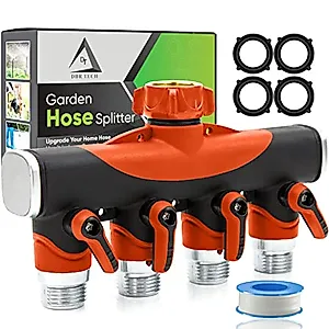 DBR Tech 4 Way Garden Hose Splitter for Outdoor Lawn and Gardening Hoses, Heavy Duty Metal Faucet Attachment, Leak Resistant Threading with Shut Off Valves, Four Way Spigot Adapter Full Flow, Orange