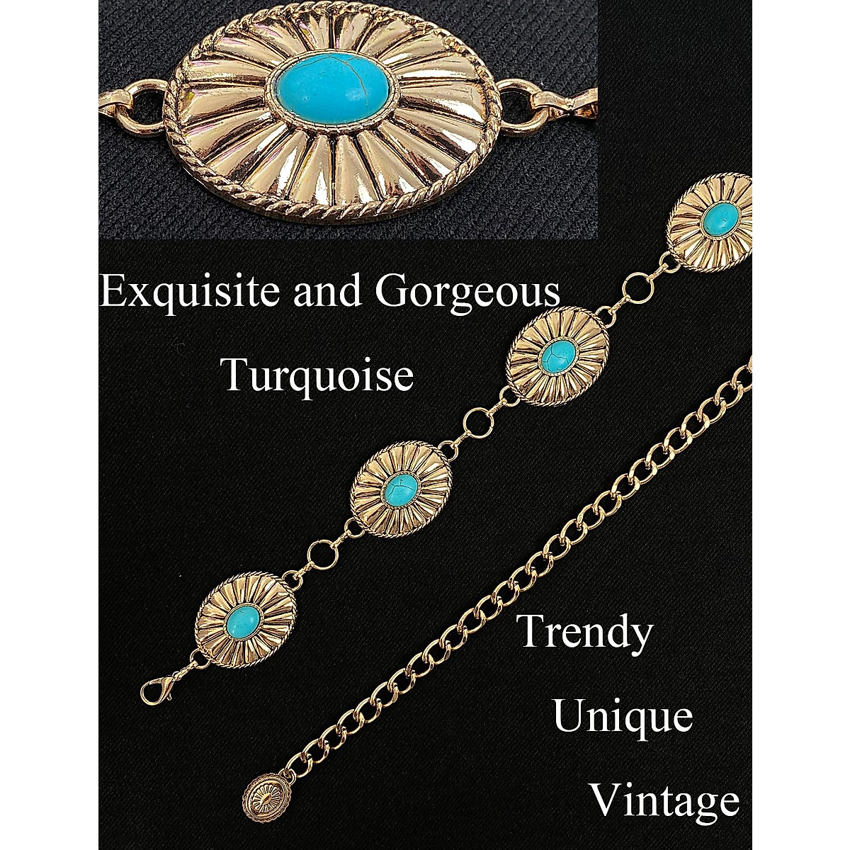 BEMYLV Turquoise Concho Belts for Women Western Gold Cowgirl Metal Belt Boho Waist Chains Dresses Jeans