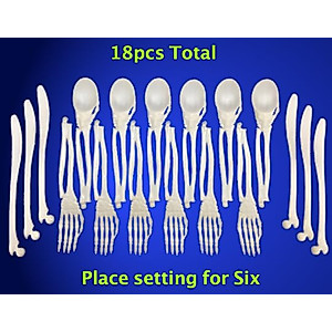 Skeleton Shaped Plastic Silverware Set Plasticware: Reusable, Dishwasher Safe, Non Toxic, Heavy Duty Forks Spoons & Knives (Place Setting for 6-18pcs Total)