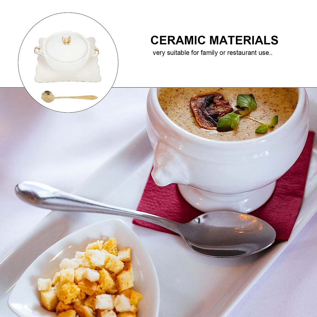 Cabilock 1 Set of Ceramic Soup Bowl European Style Small Ceramic Stew Pot with Lid and Handle Serving Bowls Ceramic Square Plates Flower Spoon for Cereal