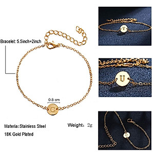 Initial Charm Bracelets, 18K Gold Plated Stainless Steel Dainty Small Round Coin Disc Initial Bracelet Engraved Letters C Personalized Name Bracelet for Women