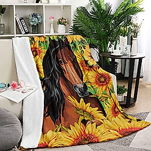 Sunflowers Horse Blanket Plush Horse Throw Blankets for Couch Bed Sofa Decor Horse Flannel Fleece Blanket for Women Men Kids Blankets Birthday Gift, 50''x60''