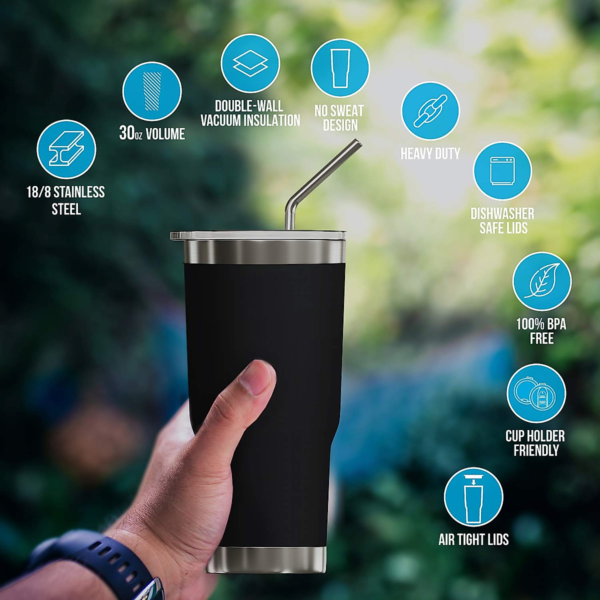 BluePeak Double Wall Vacuum Stainless Steel Insulated Tumblers Set, 2-Pack - Includes 2 Sipping Lids, 2 Spill-Proof Sliding Lids, 2 Straws, 1 Cleaning Brush & Gift Box (30 oz, Black)